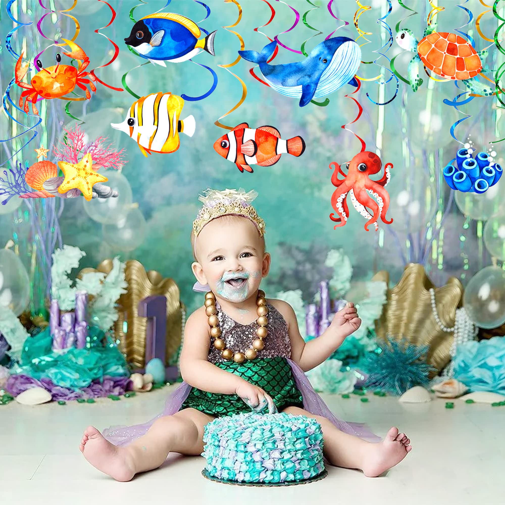 54 Pcs Under The Sea Party Decorations Ceiling Hanging Swirls Ocean Party Decorations Sea Animals Fish Themed Party Supplies Baby Shower Mermaid Birthday Beach Party Favor for Kids Boys Girls