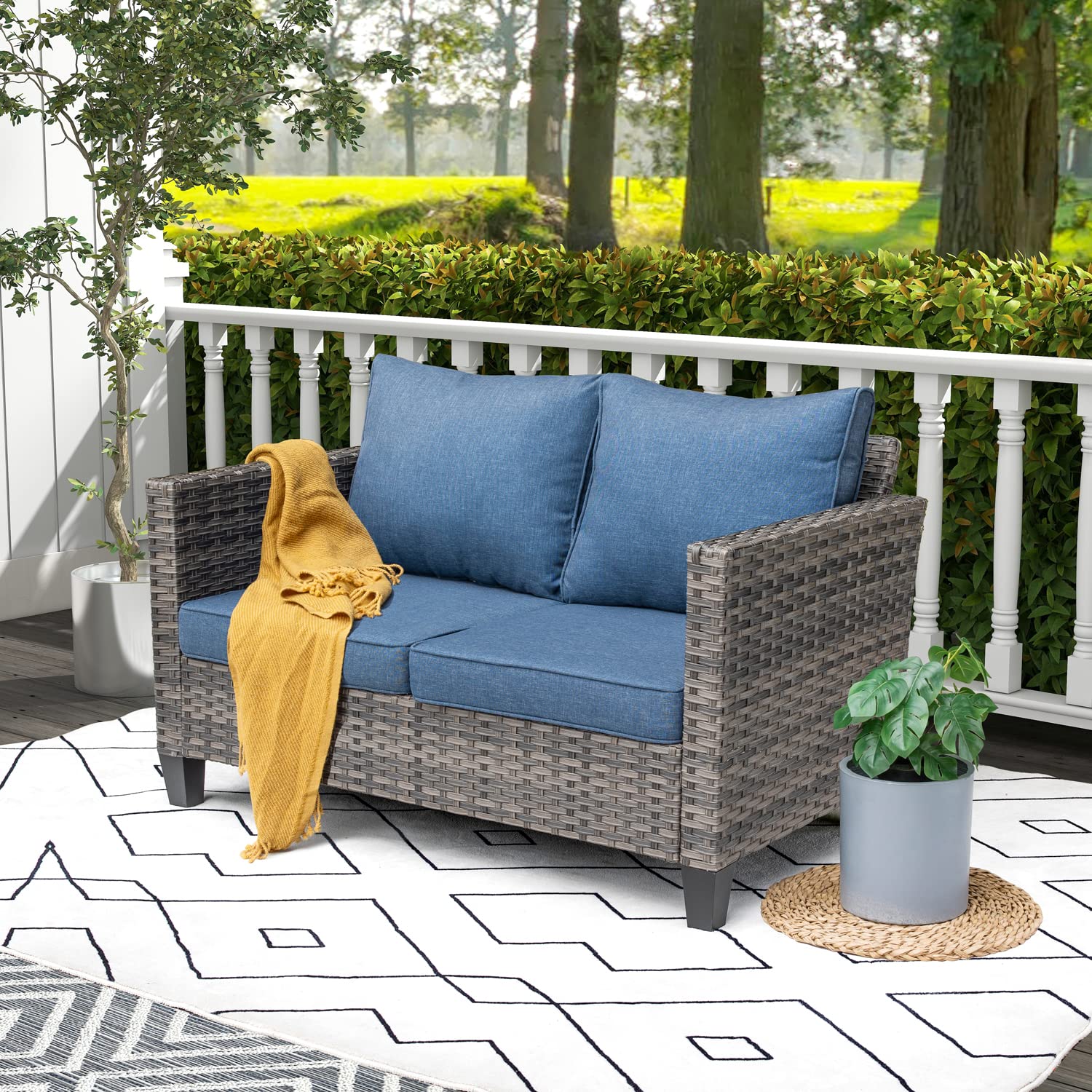 ovios Patio Sofa Loveseat, 2-Seater Outdoor Wicker Rattan Sofa Couch, All Weather High Back Deep Seat Patio Seating with Comfy Cushions for Porch Garden Deck, Denim Blue