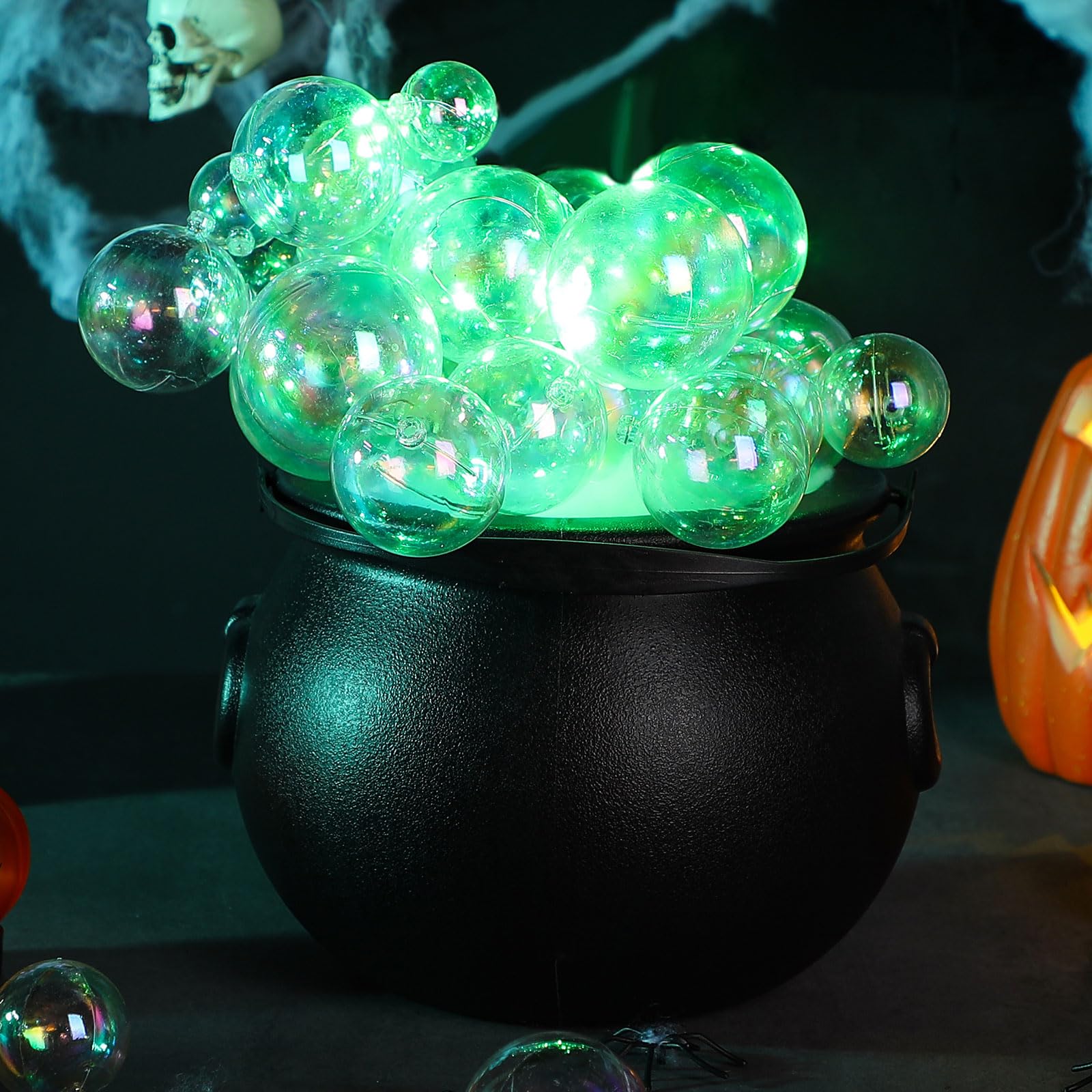 Jenaai 96 Pcs Halloween Bubbling Cauldron Set with 40 Ball Ornaments 2 Lights String 20 g Spider Webs 2 Fake Spider 50 Adhesive Points for Party(Warm White, Green)