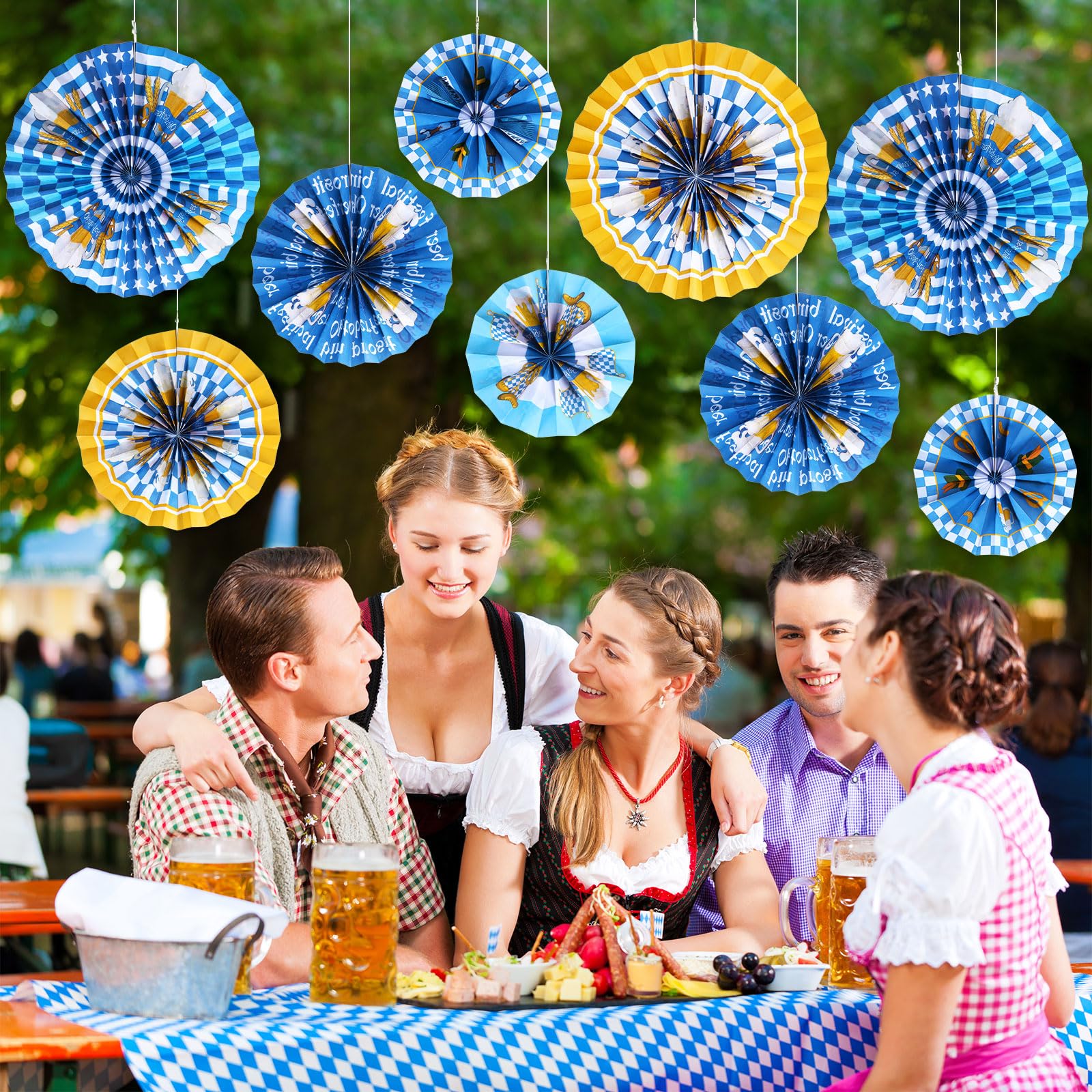 Outus 9 Pcs Oktoberfest Hanging Paper Fans Decorations Bavarian Paper Fans Classroom Decorations German Party Ceiling Wall Garland for Oktoberfest Beer Festival Theme Party Supplies Outdoor Indoor