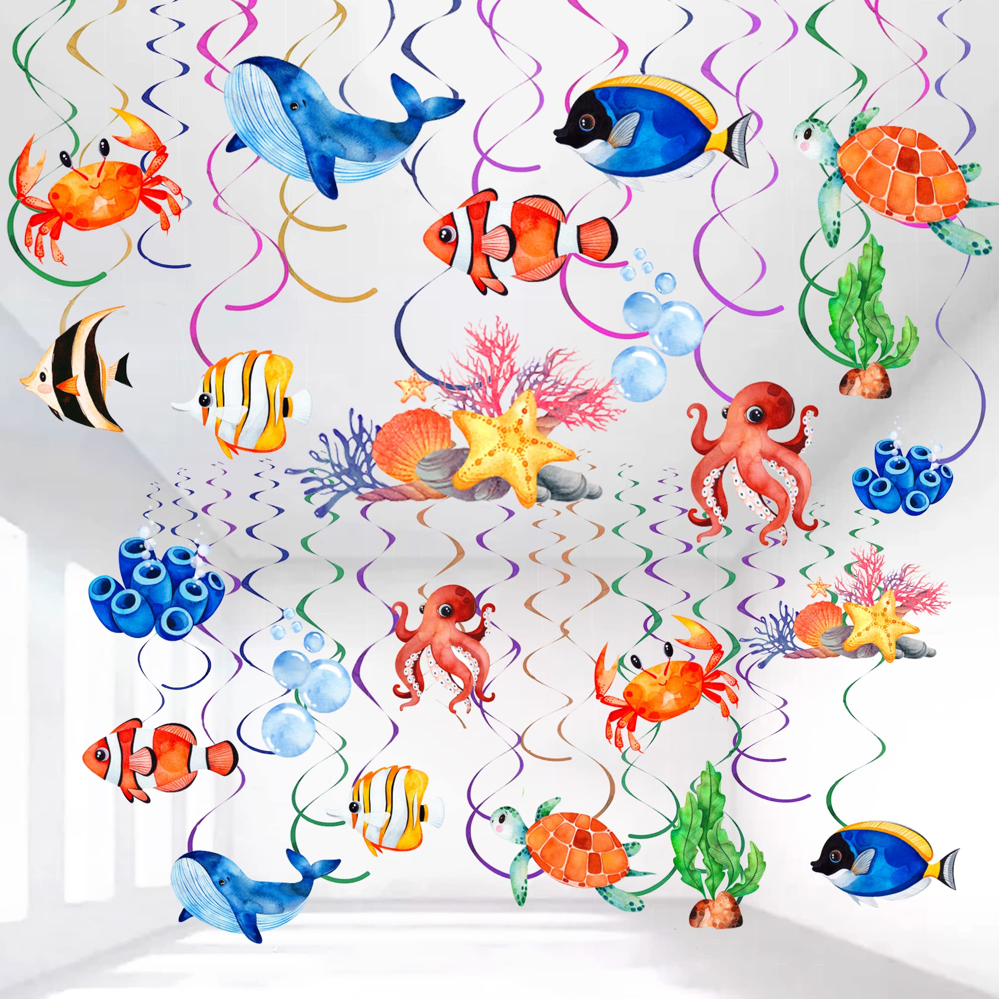 54 Pcs Under The Sea Party Decorations Ceiling Hanging Swirls Ocean Party Decorations Sea Animals Fish Themed Party Supplies Baby Shower Mermaid Birthday Beach Party Favor for Kids Boys Girls