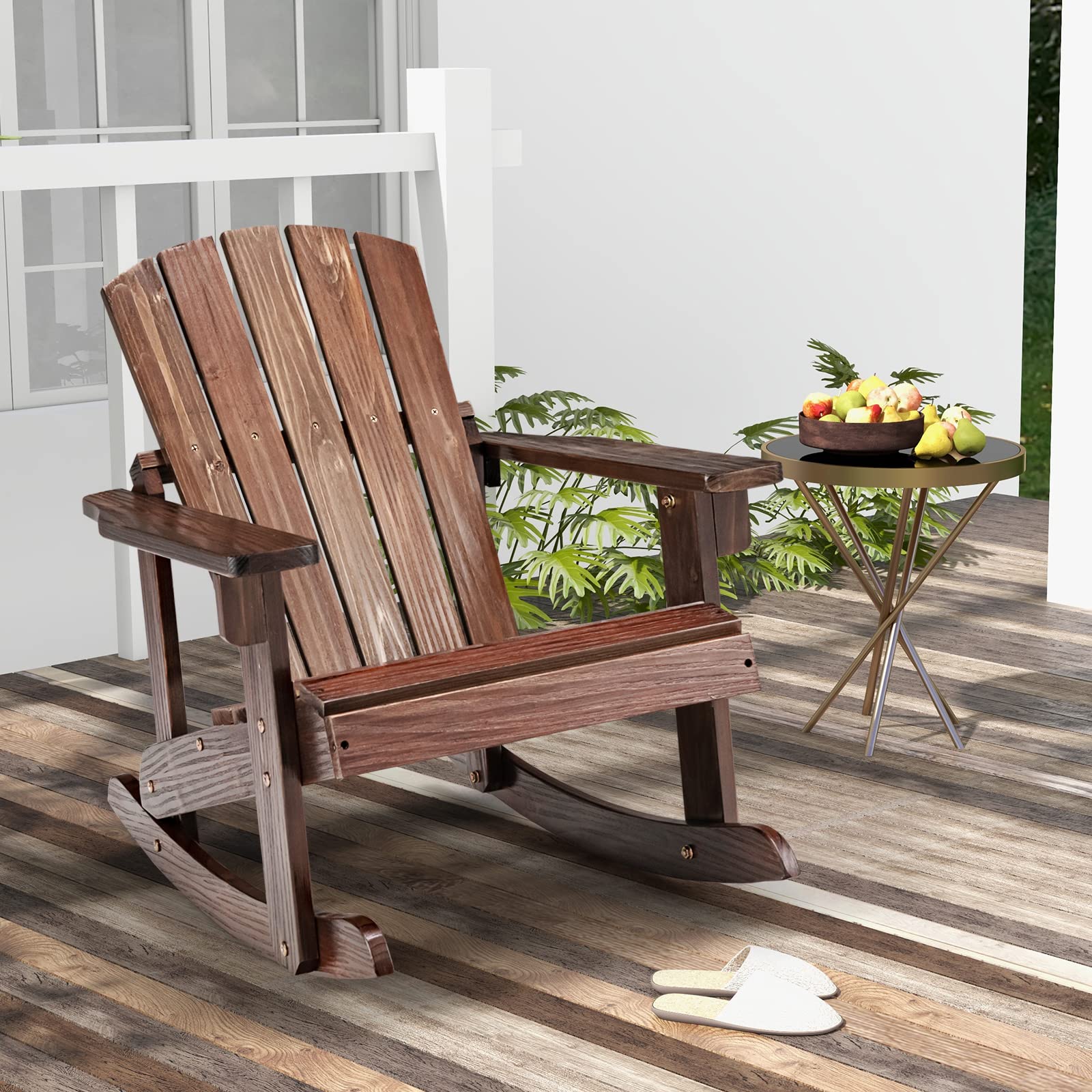 Giantex Wooden Adirondack Rocking Chair - Kids Outdoor Adirondack Rocker with Slatted seat, Smooth Rocking Feet, 300LBS Weight Capacity, Porch Rocking Chair for Balcony, Backyard, Poolside (1, Coffee)