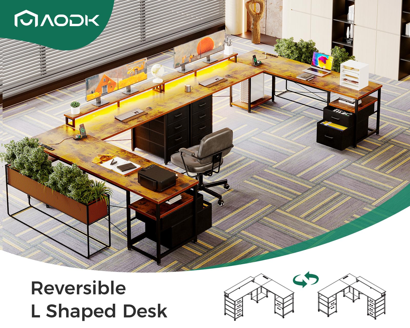 AODK 66" L Shaped Computer Desk, 113“ Reversible Home Office Desk with File Cabinet & 4 Fabric Drawers, Two Person Desk with LED Lights & Power Outlet, Corner Gaming Desk with Monitor Shelf, Vintage