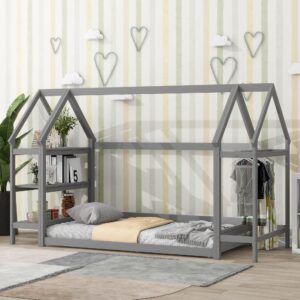 harper & bright designs twin house floor bed with 2 detachable stands, wood twin floor bed for kids, montessori beds, playhouse bed, twin size bed frame for girls, boys (gray)