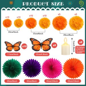 Newwiee 82 Pcs Day of the Dead Altar Kit Flameless LED Candle Paper Marigold Flower Fan Monarch Butterfly Papel Picado Banner Disposable Tablecloth for Dia De Los Muertos Altar Diwali(Cute Color)