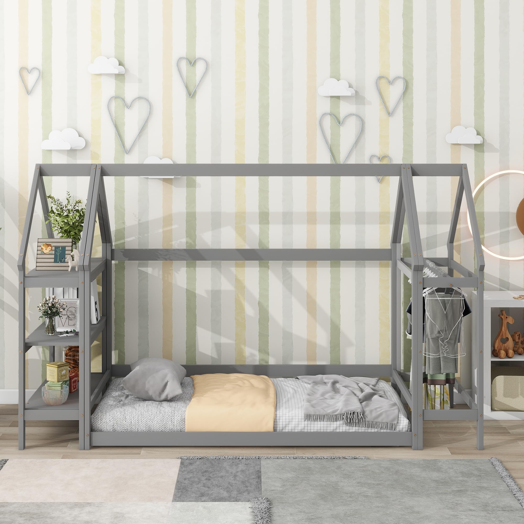 Harper & Bright Designs Twin House Floor Bed with 2 Detachable Stands, Wood Twin Floor Bed for Kids, Montessori Beds, Playhouse Bed, Twin Size Bed Frame for Girls, Boys (Gray)