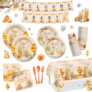 piooluialy autumn winnie pooh baby shower decorations - classic winnie pooh party supplies include banner, tablecloth, plates, cups, napkins, cutlery, winnie thanksgiving party supplies | 24 guests