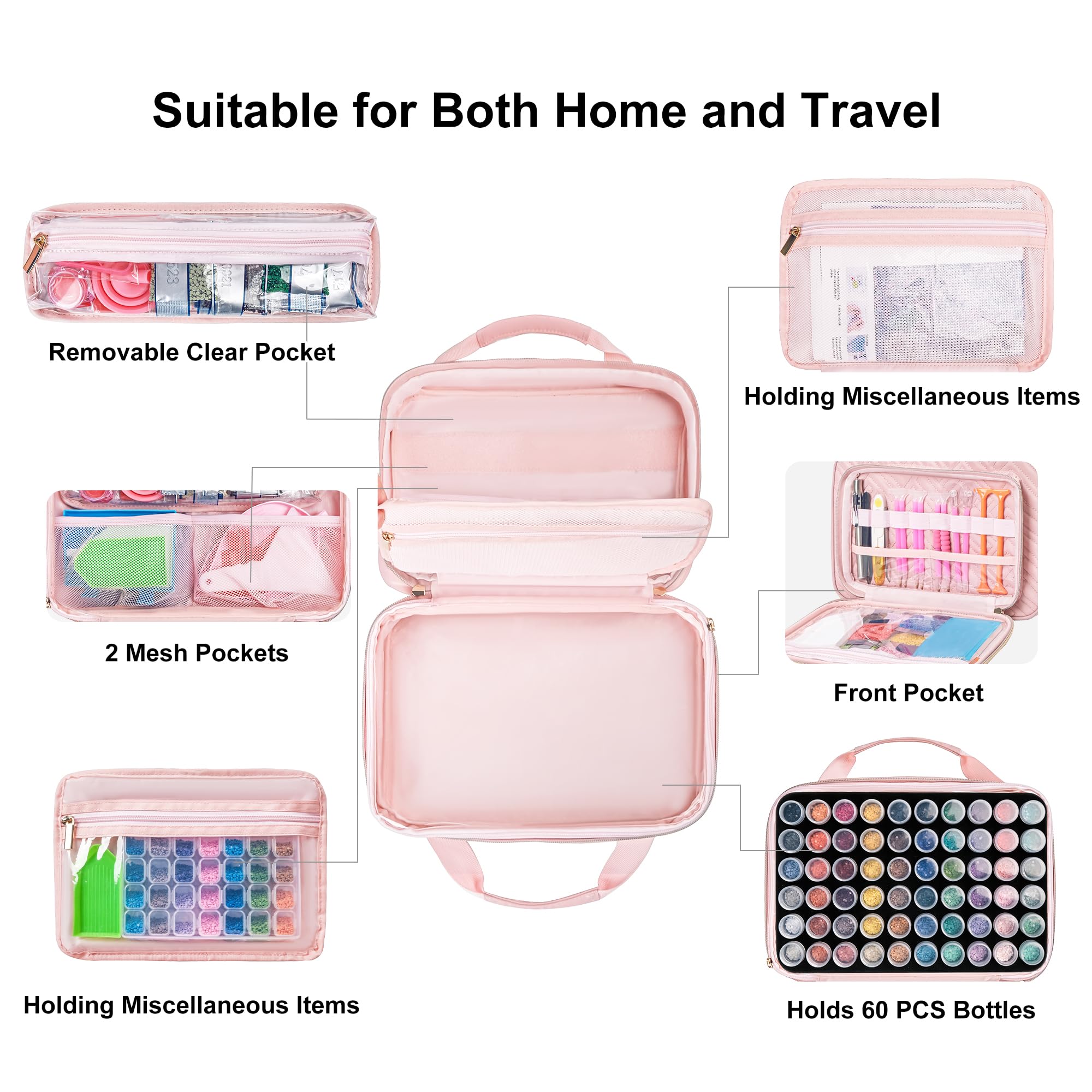 Leudes Diamond Painting Storage Containers, 60 Slots Bead Storage Box for Diamond Art Kits Accessories Organizer Case(Only Bottles and Bag) (Pink-1(60 Jars))