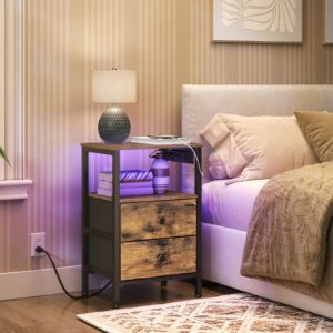 YATINEY Nightstands with Charging Station, Night Stand with LED Lights, Side Table with 2 Non-Woven Drawers, End Table Bedroom, Bedside Tables for Bedroom, Rustic Brown and Black ET12BR