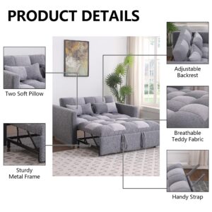 Gangnamri Loveseat Sleeper Sofa, Pull Out Sofa Bed with Adjustable Backrest and Pillows, Teddy Fabric Couch Bed for Living Room, Apartment and Small Space (Deep Grey+Light Grey)