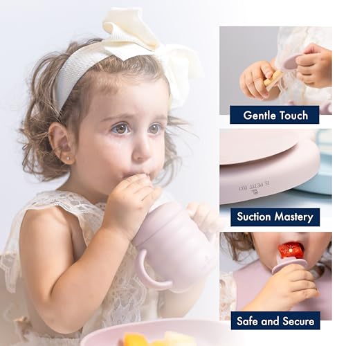 Le Petit Leo Silicone Baby Feeding Set - Complete Baby Led Weaning Supplies with Silicone Bibs, Suction Plates, Suction Bowl, Sippy Cup, Baby Spoon and Fork, Toddler Utensils (Angelic Pink)