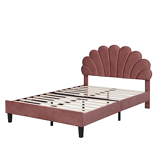 Harper & Bright Designs Full Size Upholstered Platform Bed with Flower Pattern Velvet Headboard, Bean Paste Red