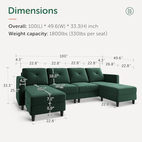 HONBAY U Shaped Sectional Sofa Convertible Couch with Double Chaises 4 Seat Sofa with Two Ottomans, Velvet Green