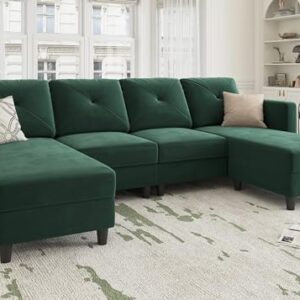 HONBAY U Shaped Sectional Sofa Convertible Couch with Double Chaises 4 Seat Sofa with Two Ottomans, Velvet Green