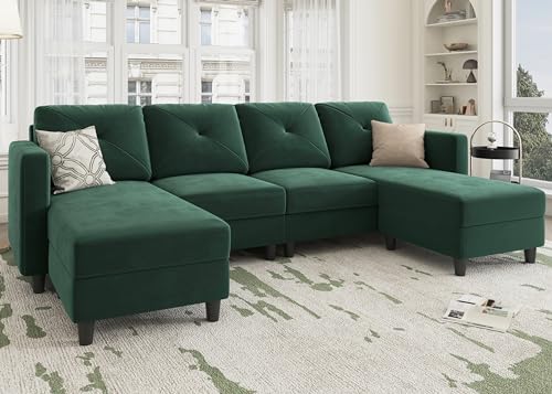 HONBAY U Shaped Sectional Sofa Convertible Couch with Double Chaises 4 Seat Sofa with Two Ottomans, Velvet Green