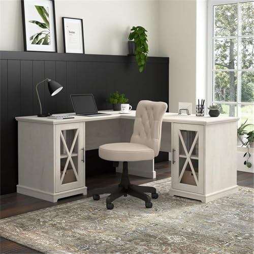 Bush Furniture Lennox Farmhouse L Shaped Desk with Storage Cabinets | Corner Computer Table for Home Office Workspace, 60W, Linen White Oak