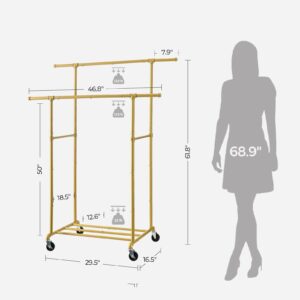 FOUCSSOMEI Heavy Duty Clothes Rack, Rolling Clothes Rack, Clothing Rack with Wheels,Clothing Hanger Organizer, Double Rod, Max 400Lbs, for Closet Bedroom Yard Sale, Commercial Grade, Gold