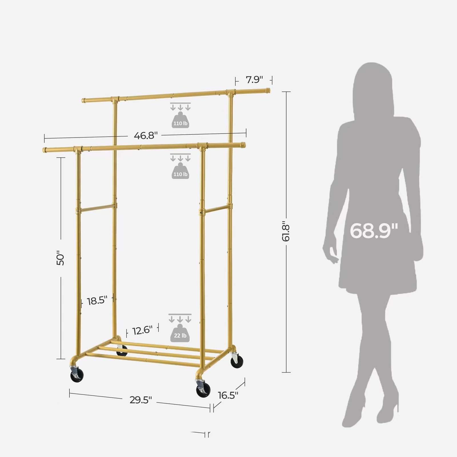 FOUCSSOMEI Heavy Duty Clothes Rack, Rolling Clothes Rack, Clothing Rack with Wheels,Clothing Hanger Organizer, Double Rod, Max 400Lbs, for Closet Bedroom Yard Sale, Commercial Grade, Gold