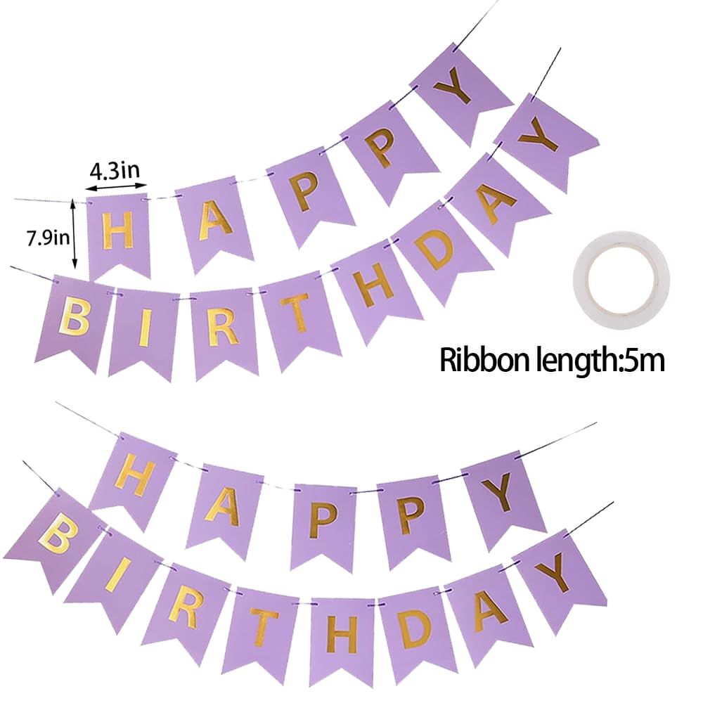 Purple Pink Birthday Party Decorations, Happy Birthday Banner, Pink Party Decorations for Women, Paper Pompoms, Paper Tassels Garland, Circle Dots Garland for Women Girls Birthday Decorations