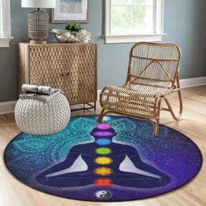 Modern Round Area Rug, Non-Slip Machine Washable Kitchen Office Circle Rug, Room Sofa Yoga Soft Round Carpet Compatible with Nine Chakra Yoga Meditation Lotus Blue Mandala 36inch(90cm)