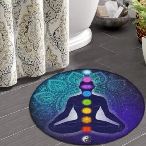 Modern Round Area Rug, Non-Slip Machine Washable Kitchen Office Circle Rug, Room Sofa Yoga Soft Round Carpet Compatible with Nine Chakra Yoga Meditation Lotus Blue Mandala 36inch(90cm)