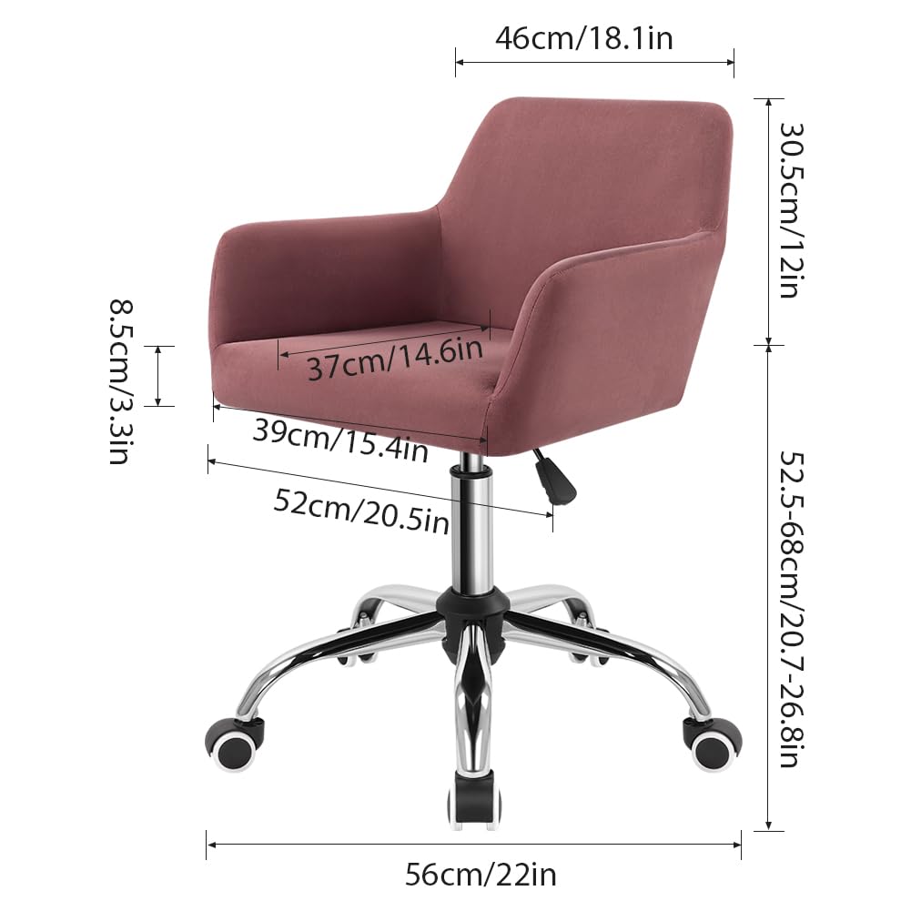 WKWKER Modern Velvet Desk Chair Home Comfy Makeup Office Chair with Wheels Adjustable Swivel Armchair with Backrest for Counter Vanity Bedroom Salon Studio Shop Lab (Rose)