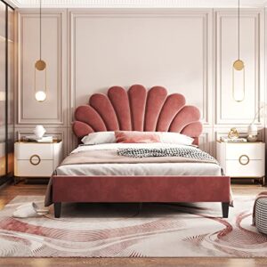 Harper & Bright Designs Full Size Upholstered Platform Bed with Flower Pattern Velvet Headboard, Bean Paste Red