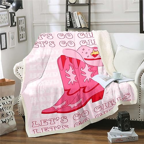 Pink Cowgirl Fleece Blanket,Cowgirl Gifts for Girls Western Throw Blanket for Bed Couch 40"X50",Cowboy Boots Hat Sherpa Blanket for Kids Women Wild West Theme Flannel Blanket Soft Lightweight