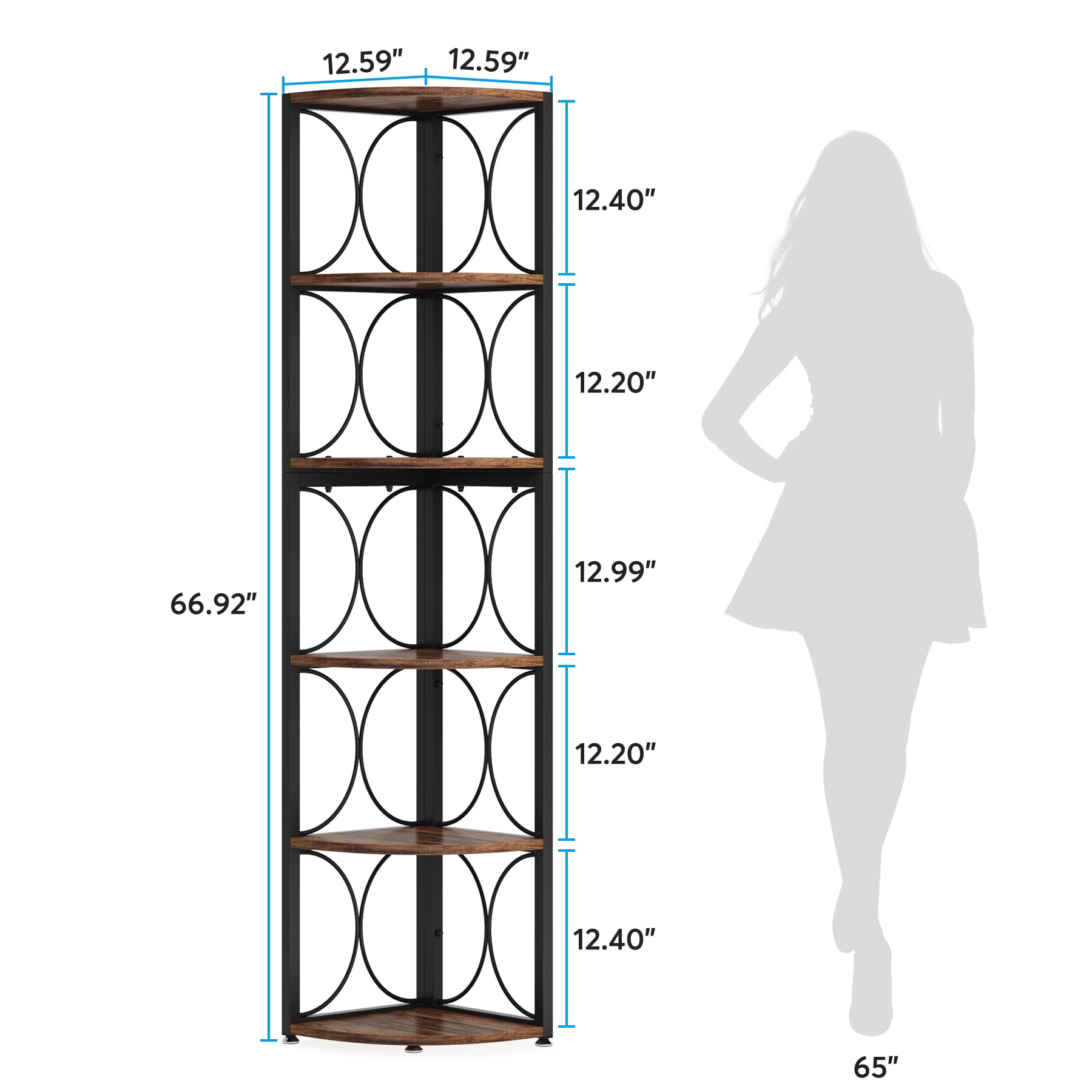 Tribesigns 67 inch Tall Corner Shelf, 6 Tier Rustic Corner Bookshelf Bookcase Storage Rack Standing Shelving Unit for Living Room, Small Space