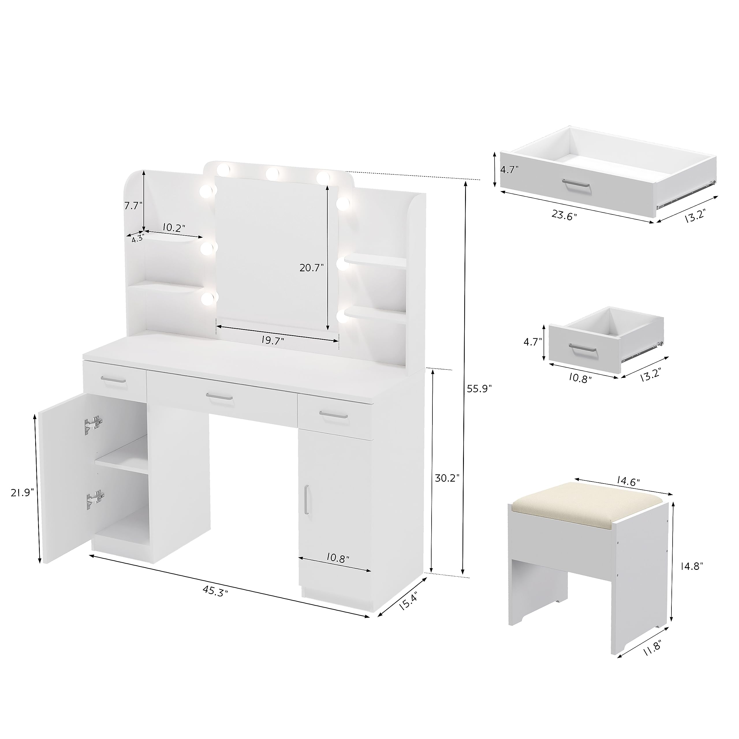 Xilingol Vanity Desk with Mirror and Lights, 45.3" Vanity Set with Mirror and Stool, Large Makeup Vanity with Drawers and Cabinets, Vanity for Bedroom, Makeup Room, White