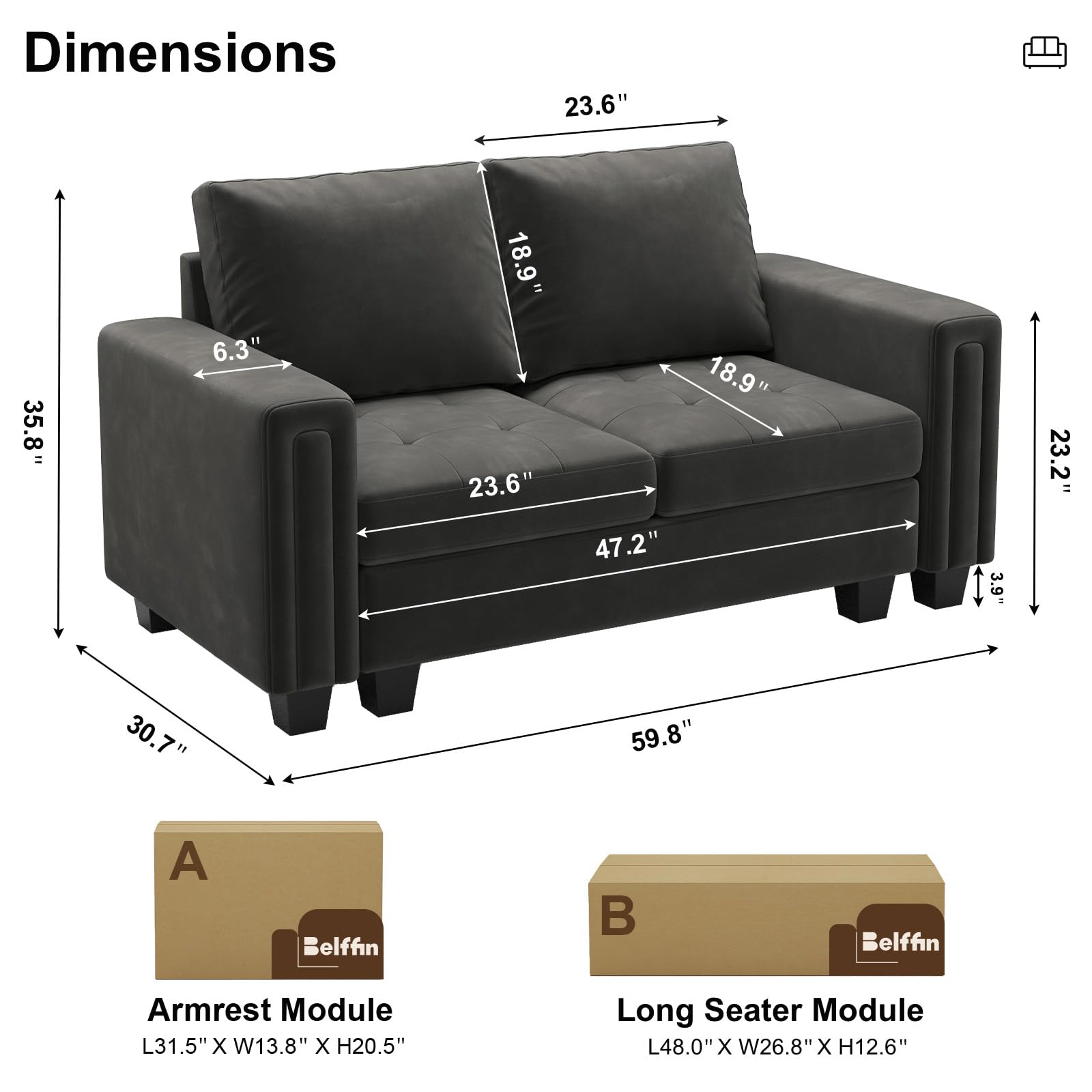 Belffin Velvet Modular Loveseat Sofa Couch 2 Seater Sofa Love Seats for Small Space Grey