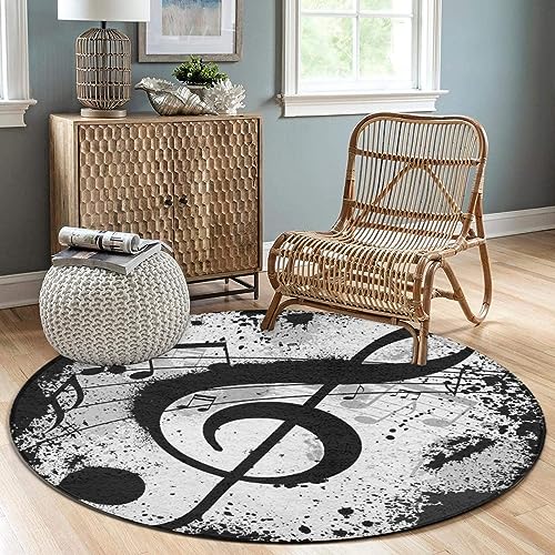 Large Round Area Rug Home Bedroom Decor Mat Modern Non Slip Circular Bathroom Rugs Outside Carpet Compatible with Gunge Black & White Music Notes 24inch(60cm)