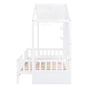 SOFTSEA Twin Size House Bed for Kids, Low Loft Bed with Storage Shelves, Wood Bed Frame with Window and Sparkling Light Stripe on The Roof, Kids Twin Bed Frame, No Box Spring Needed, White