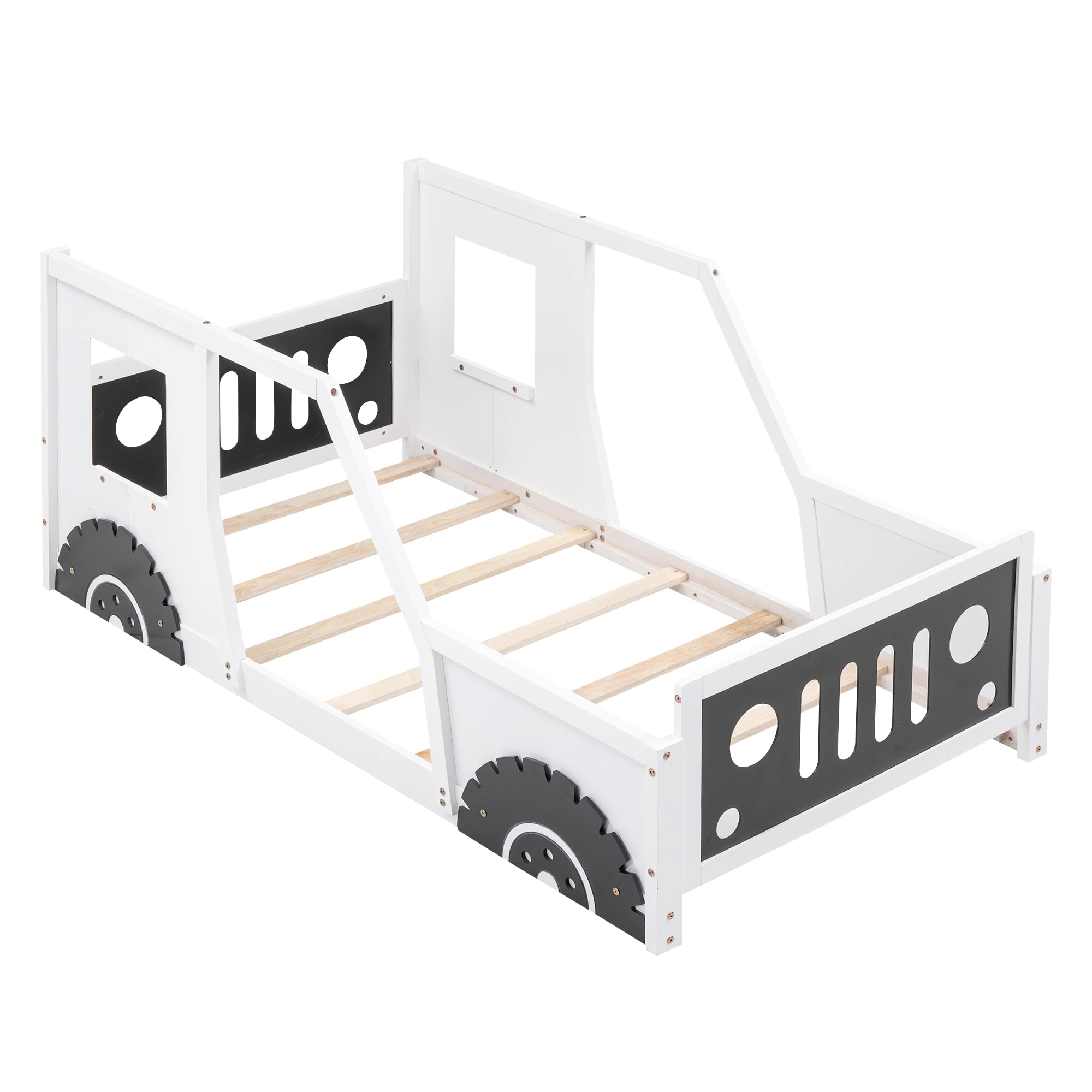 Merax Twin Size Classic Car-Shaped Platform Bed with Wheels, Wood Car Bed Frame for Boys, White