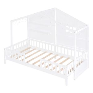 SOFTSEA Twin Size House Bed for Kids, Low Loft Bed with Storage Shelves, Wood Bed Frame with Window and Sparkling Light Stripe on The Roof, Kids Twin Bed Frame, No Box Spring Needed, White