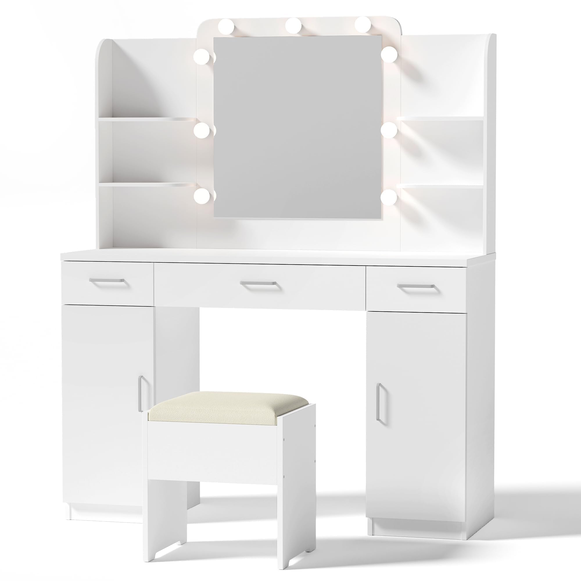 Xilingol Vanity Desk with Mirror and Lights, 45.3" Vanity Set with Mirror and Stool, Large Makeup Vanity with Drawers and Cabinets, Vanity for Bedroom, Makeup Room, White