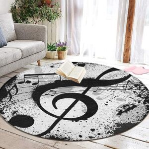 Large Round Area Rug Home Bedroom Decor Mat Modern Non Slip Circular Bathroom Rugs Outside Carpet Compatible with Gunge Black & White Music Notes 24inch(60cm)