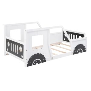 Merax Twin Size Classic Car-Shaped Platform Bed with Wheels, Wood Car Bed Frame for Boys, White