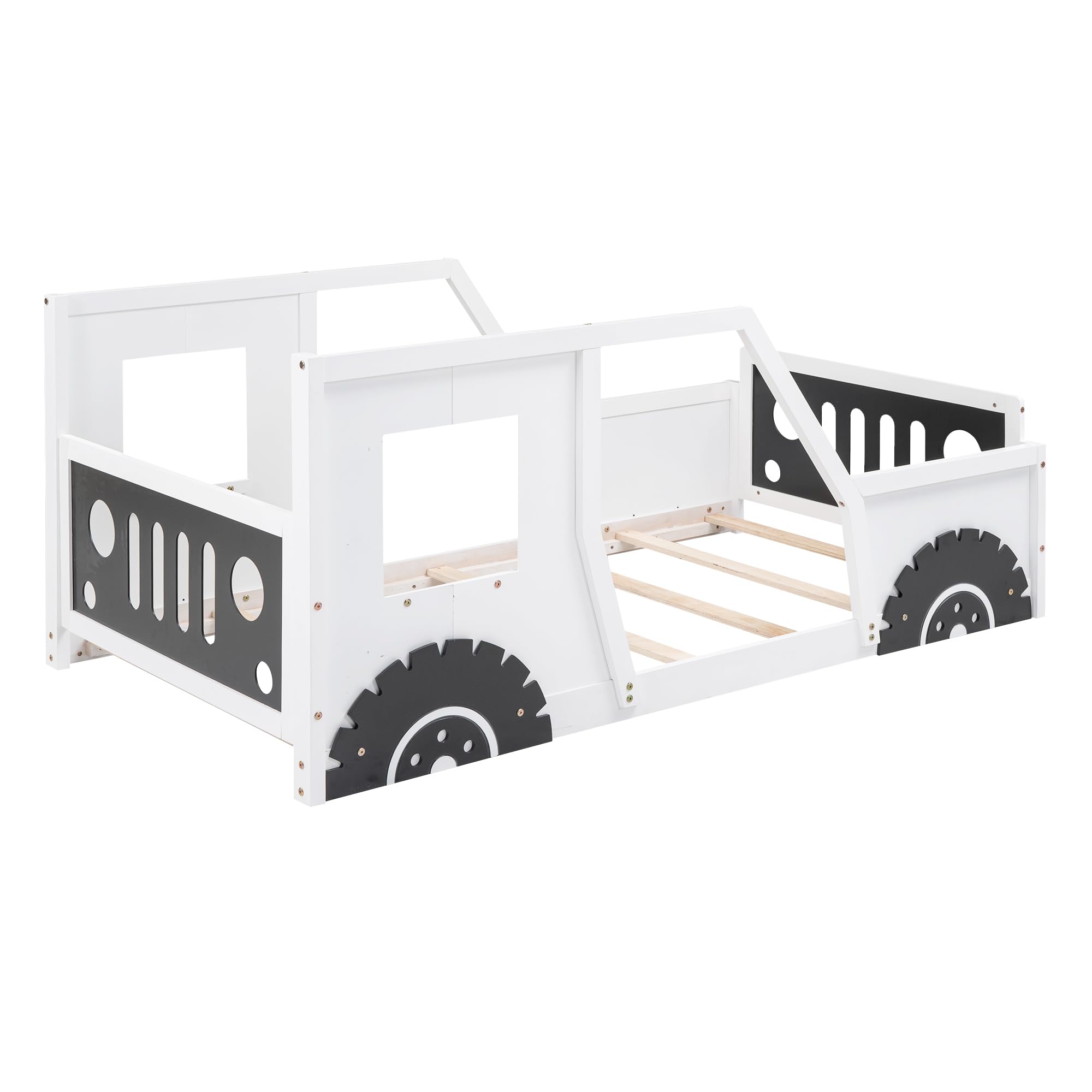 Merax Twin Size Classic Car-Shaped Platform Bed with Wheels, Wood Car Bed Frame for Boys, White