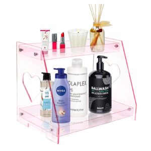 royalita 2 tier pink heart bathroom countertop organizer display shelf, acrylic tray vanity perfume storage skincare organizer for counter, cute bathroom sink cosmetic organizer shelf