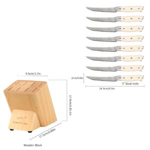 Damascus Steak Knives Set of 8, 5 Inch Serrated Steak Knife Set with Block, Full Tang Blade with Non-slip ABS Ergonomic Triple Rivet Handle for Gift, Natural Wooden Block