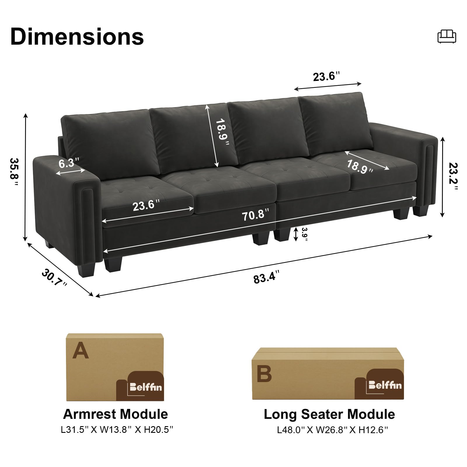 Belffin Velvet Modular 4 Seat Sofa Couch Sectional 4-seat Sofa Couch for Living Room Grey