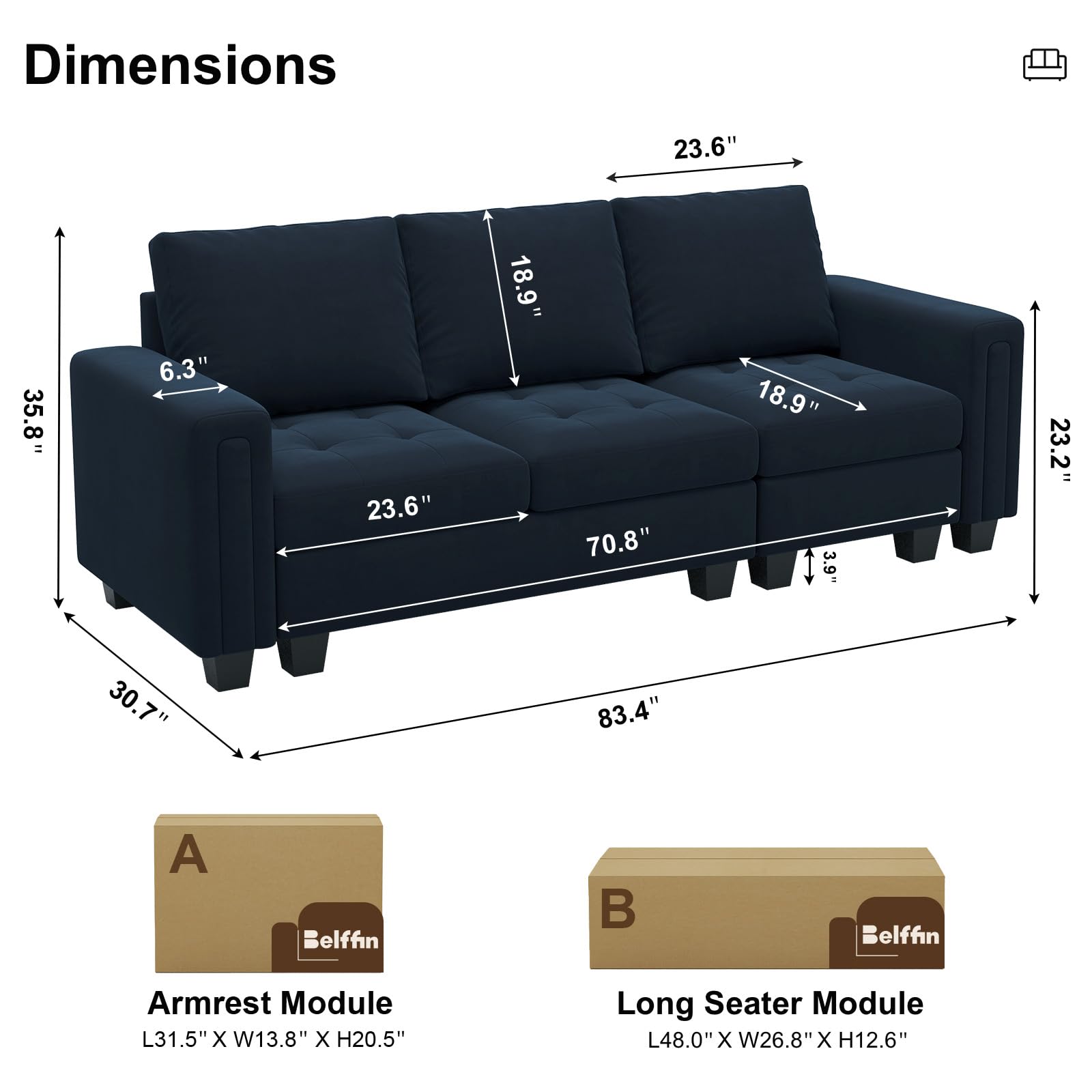 Belffin Velvet Modular Sofa Couch 3 Seater Sofa Couch for Living Room Blue