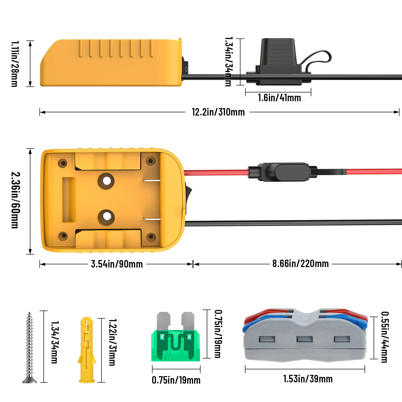 Power Wheel Adapter for Dewalt 20V Battery, Power Wheels Battery Converter Kit with Switch & Fuse & Wire Terminals & 12 AWG Wire for DIY RC Car Toys Robotics