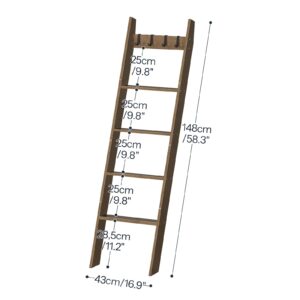 HOOBRO Blanket Ladder for Living Room and Bedroom, 5-Tier Wall Leaning Towel Rack for Bathroom, Decorative Ladder Shelf with 4 Removable Hooks, Farmhouse Blanket Storage, Mocha MA51CJ01G1