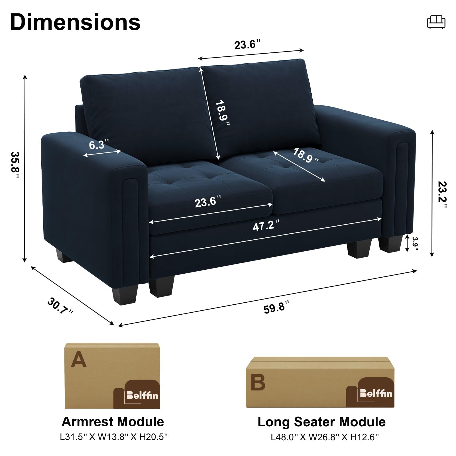 Belffin Velvet Modular Loveseat Sofa Couch 2 Seater Sofa Love Seats for Small Space Blue