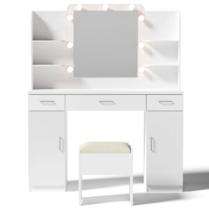 Xilingol Vanity Desk with Mirror and Lights, 45.3" Vanity Set with Mirror and Stool, Large Makeup Vanity with Drawers and Cabinets, Vanity for Bedroom, Makeup Room, White