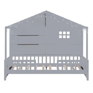 SOFTSEA Twin Size Low House Loft Bed with Shelves, Low Wood Bed Frame with Window and Sparkling Light Stripe on The Roof, House Shaped Low Loft Bed for Kids