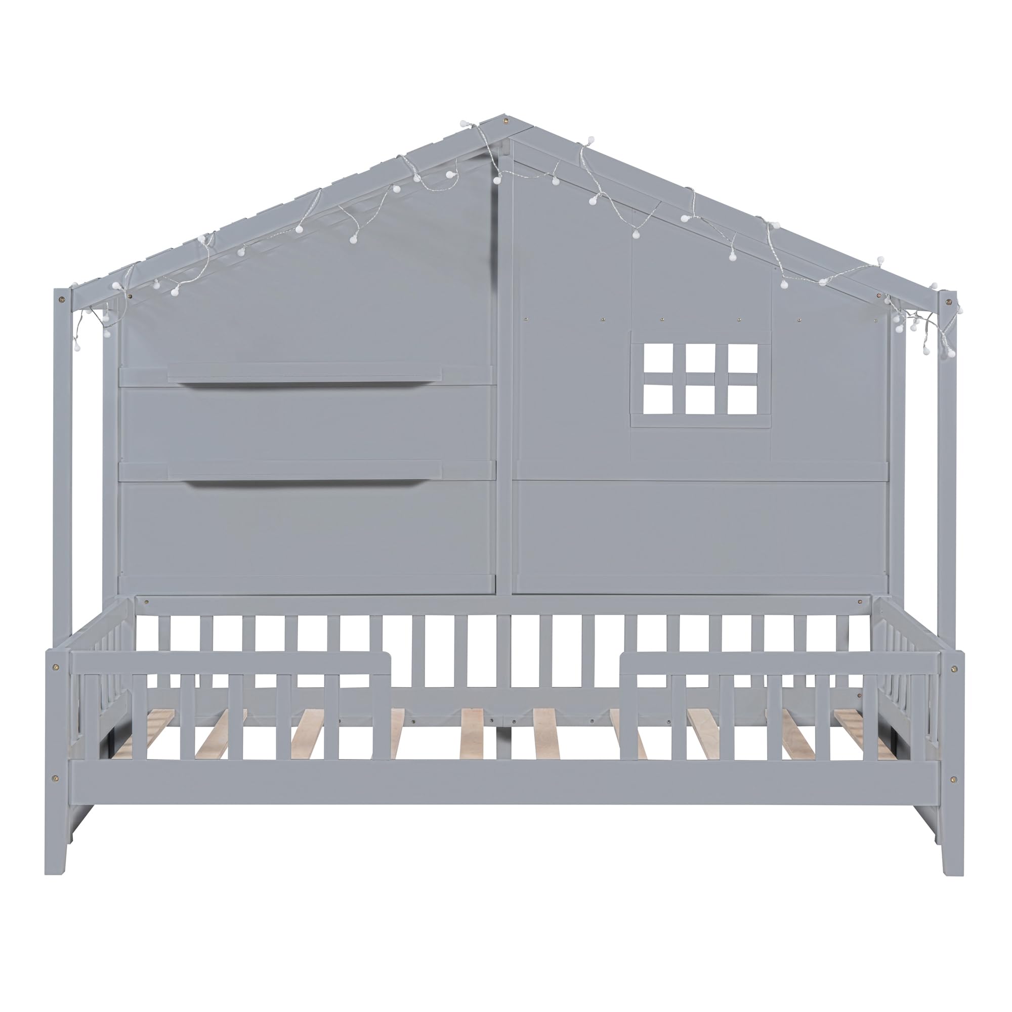 SOFTSEA Twin Size Low House Loft Bed with Shelves, Low Wood Bed Frame with Window and Sparkling Light Stripe on The Roof, House Shaped Low Loft Bed for Kids