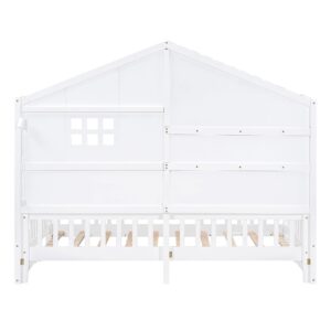 SOFTSEA Twin Size House Bed for Kids, Low Loft Bed with Storage Shelves, Wood Bed Frame with Window and Sparkling Light Stripe on The Roof, Kids Twin Bed Frame, No Box Spring Needed, White